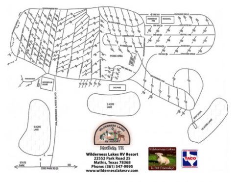 View Our Mathis, TX RV Park Map : Wilderness Lakes RV Resort